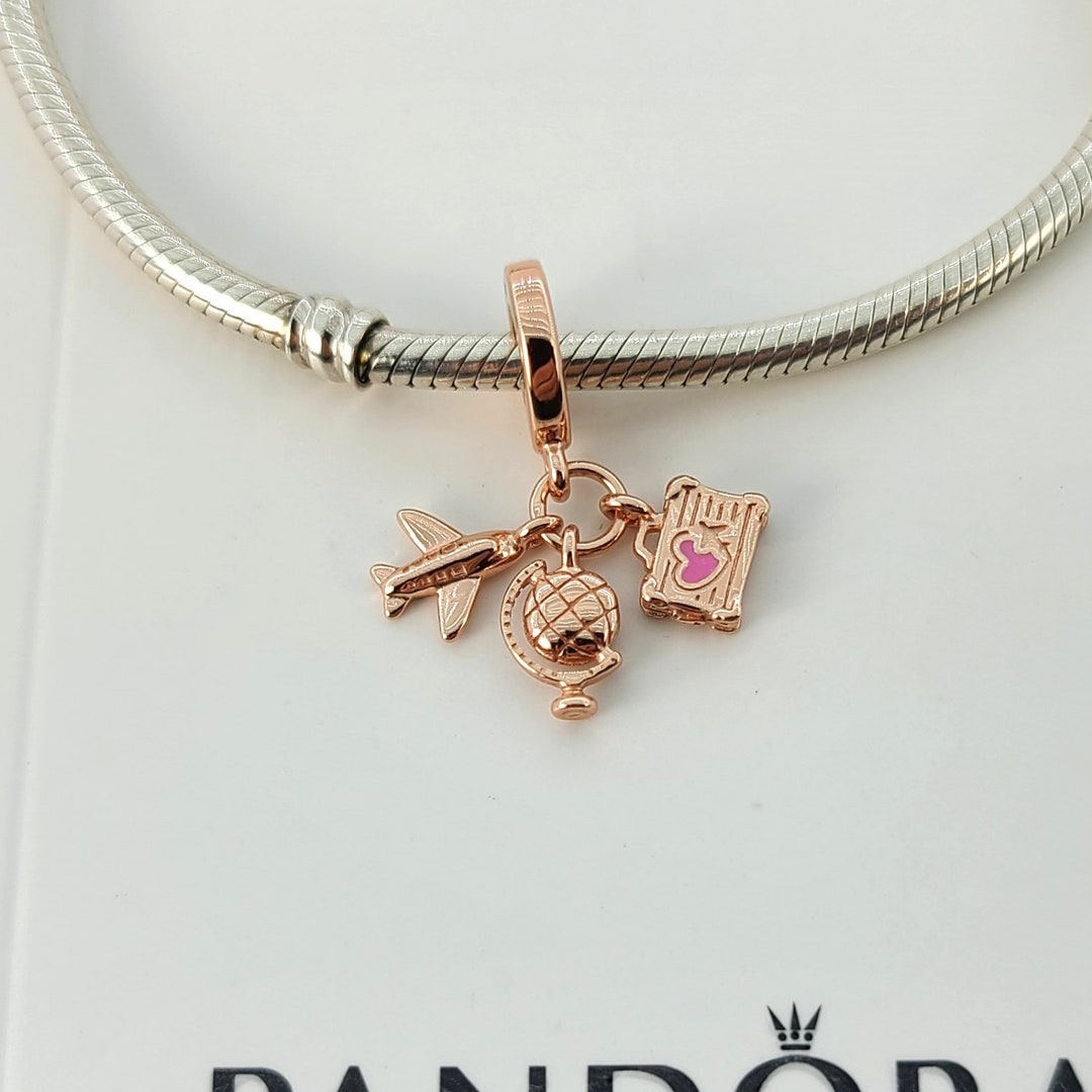 New Rose Gold Plated Airplane, Globe & Suitcase Triple Dangle Charm for ...