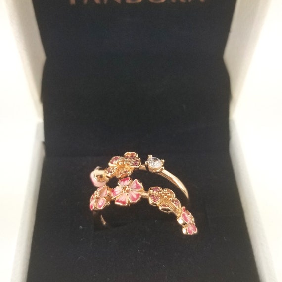 Pandora pink peach blossom flower branch open ring store