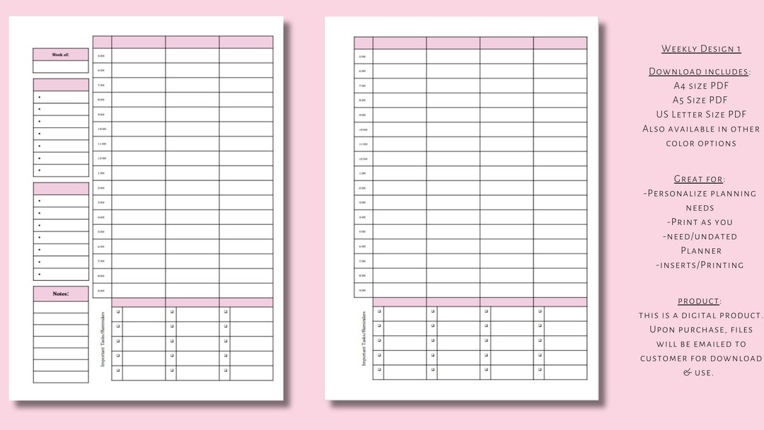 D1 Weekly Planner Printable PDF Download A4, A5, US Letter pink - Etsy