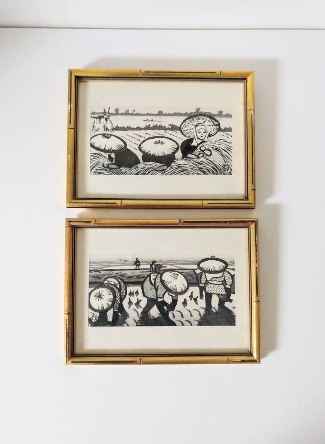 Workers in the Field Asian Woodcut Art Prints Set of Two Vintage Black ...