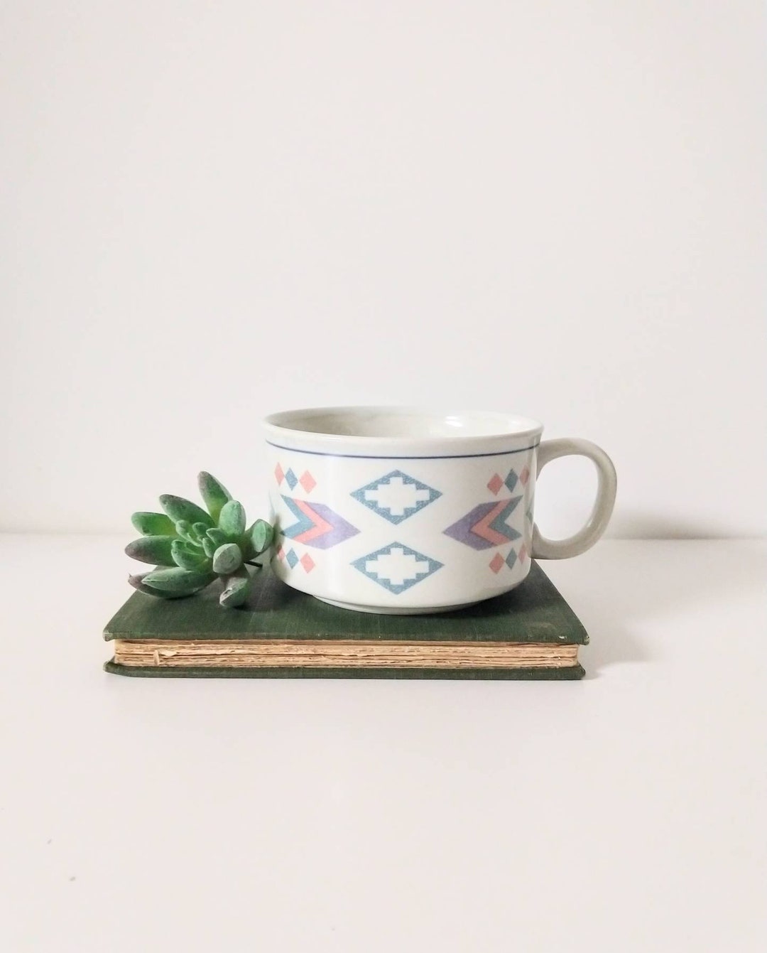 Southwestern Stoneware Soup Mug - Vintage Otagiri Blue and Pink Wide ...