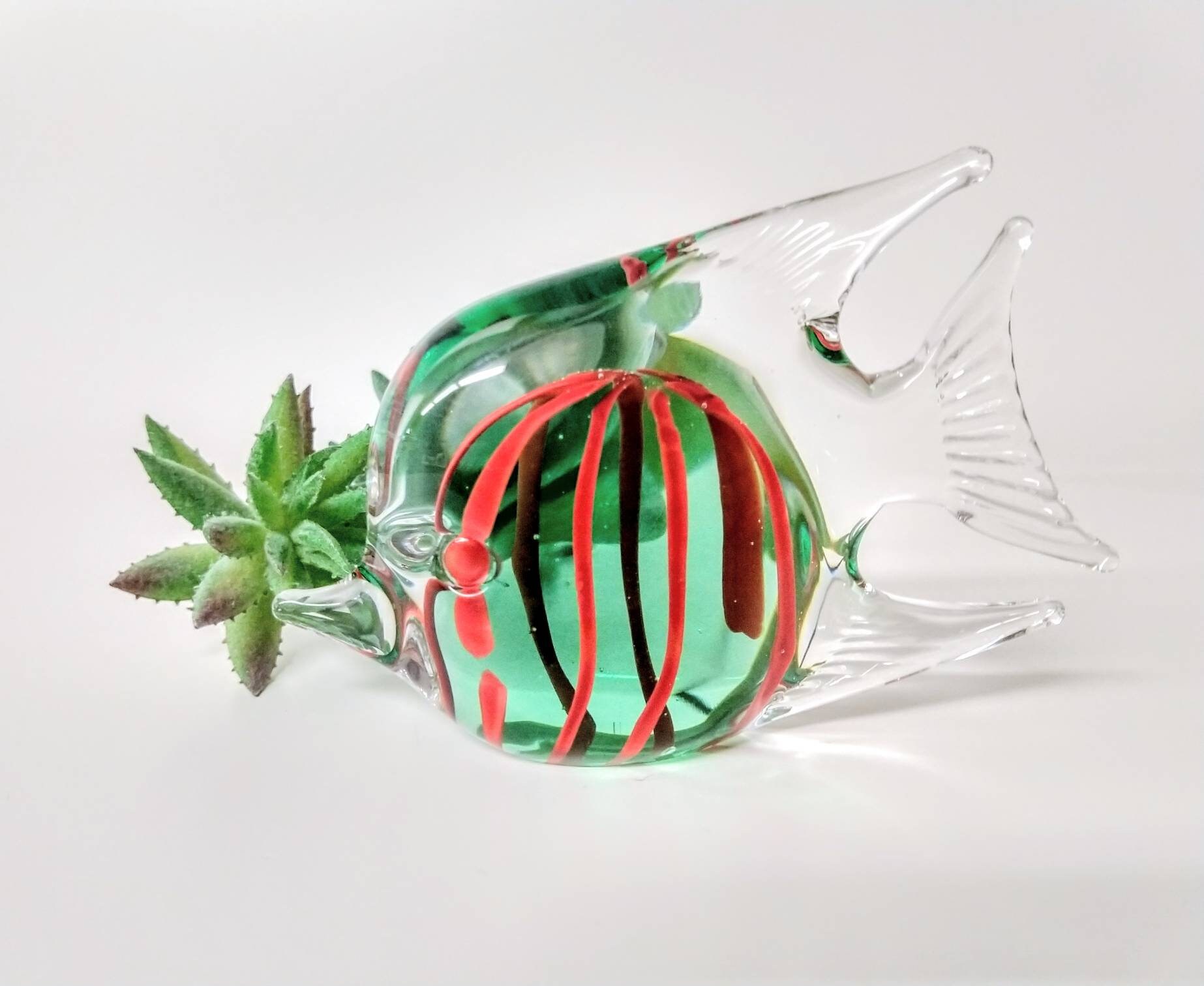 Art Glass Fish Figurine - Green, Red, and Clear Glass Fish Paperweight ...