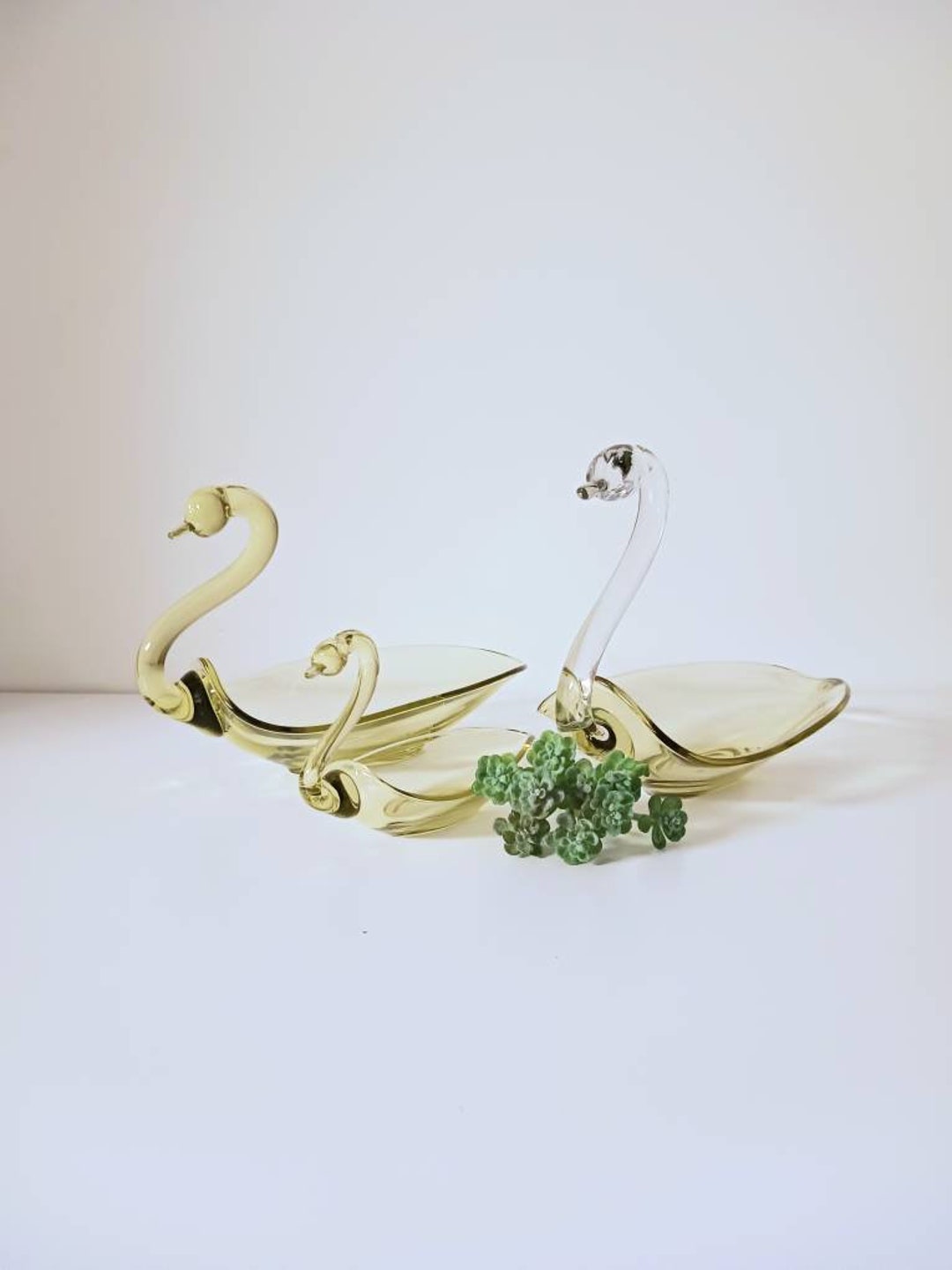Set of Three Duncan Miller Art Glass Swan Bowls Mid Century Yellow ...