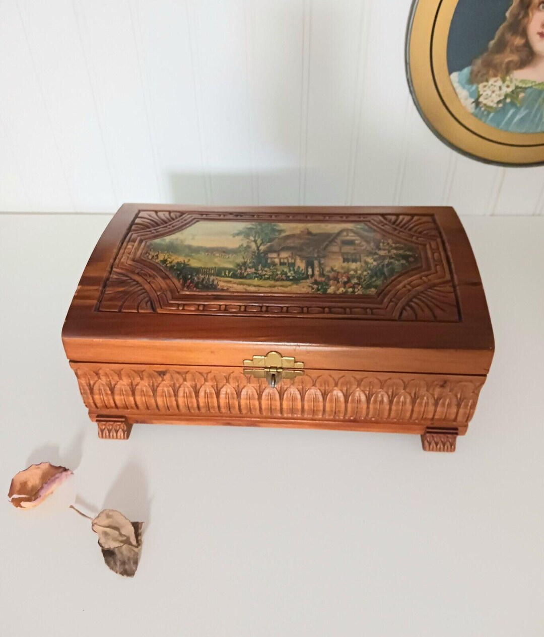 Vintage Mini Cedar Treasure Chest Box With Cottage Art Print Top - Etsy