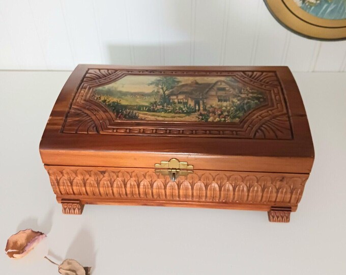 Vintage Mini Cedar Treasure Chest Box With Cottage Art Print Top - Etsy