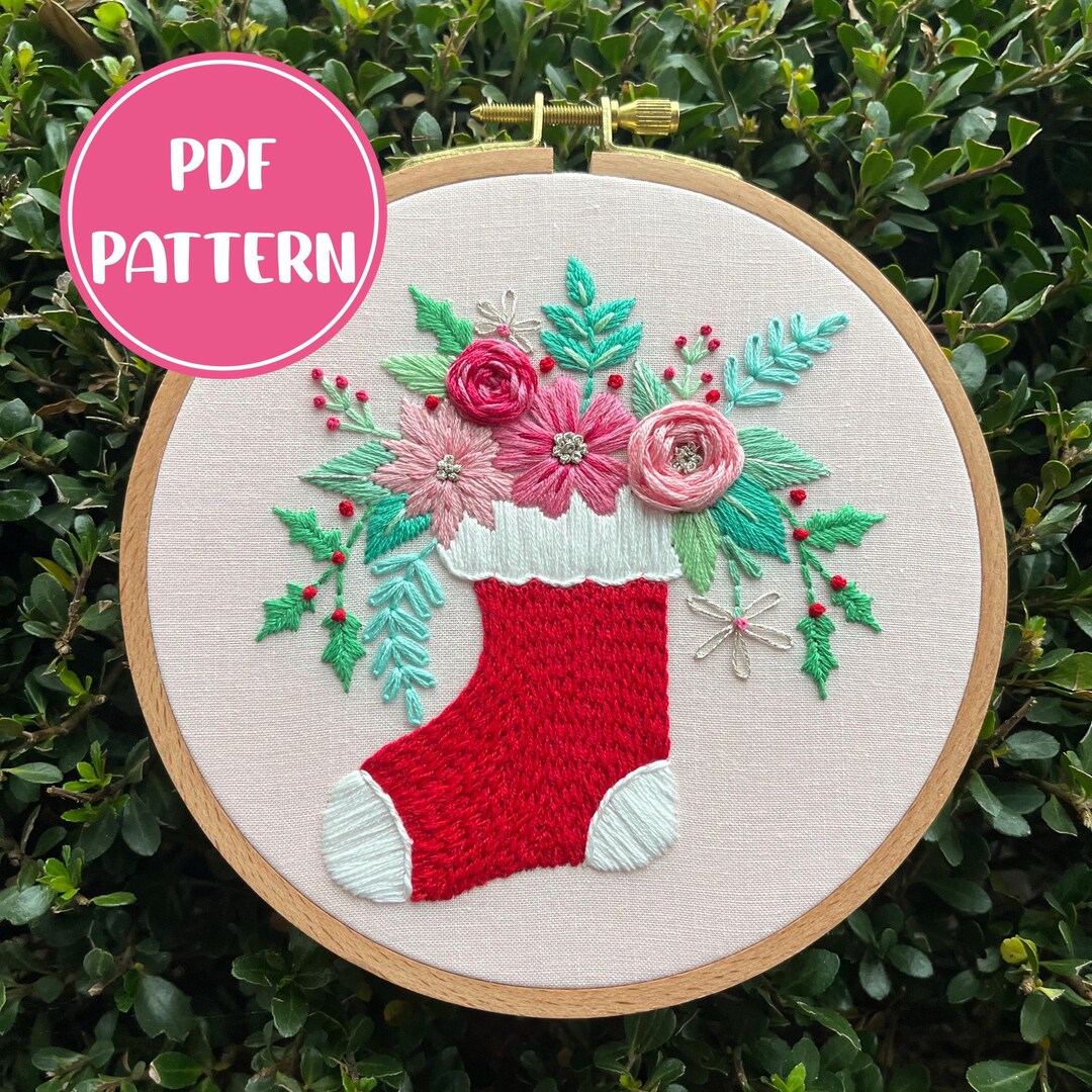 PDF Pattern - Fresh Stem Stocking, Floral Christmas Stocking Embroidery ...