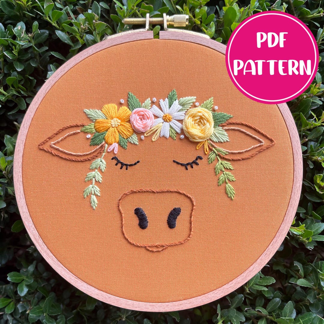 PDF Pattern - Blooming Bovine, Flower Crown Cow, Cow Embroidery Pattern ...