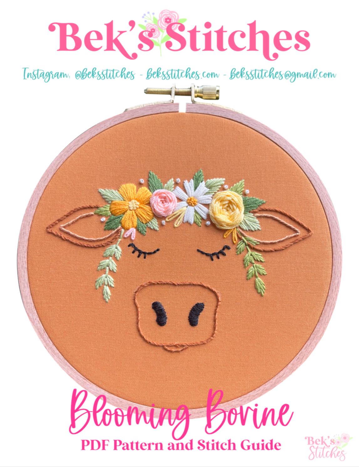 PDF Pattern - Blooming Bovine, Flower Crown Cow, Cow Embroidery Pattern ...
