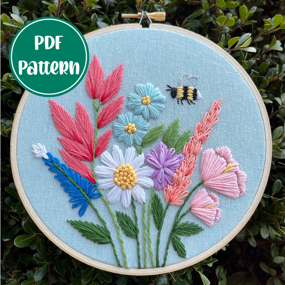 PDF Pattern - Bee Wild, Bumble Bee Floral Embroidery, Intermediate ...