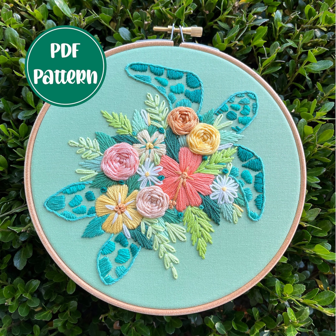 PDF Pattern - Tropical Turtle, Floral Shell Sea Turtle Embroidery ...
