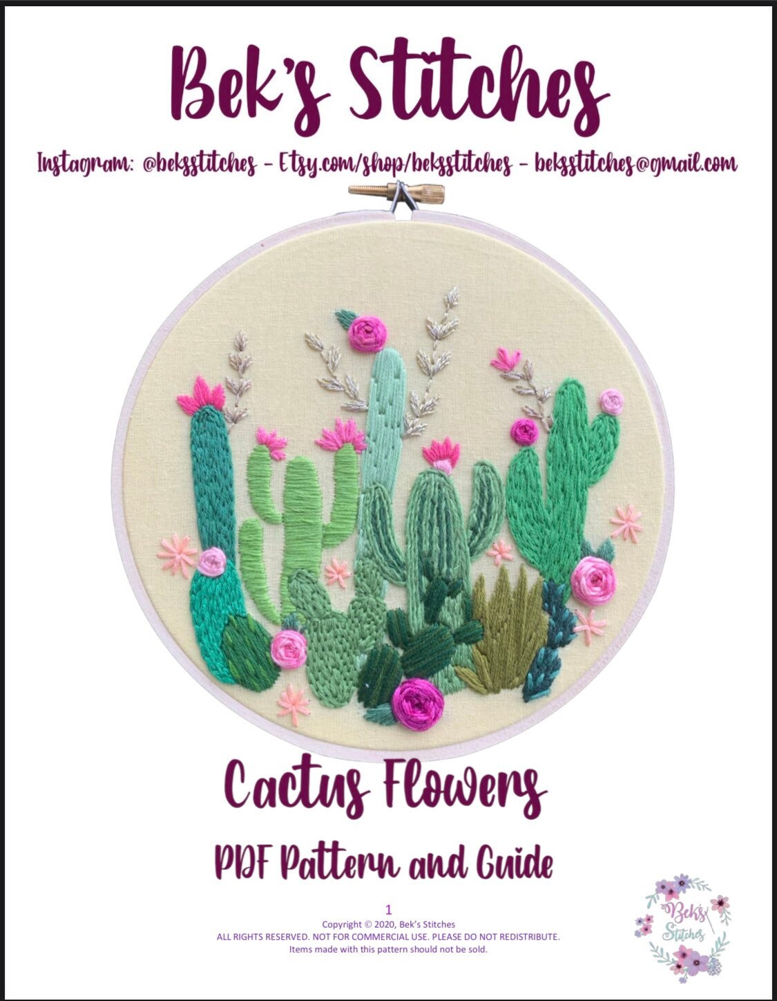 PDF Pattern - Cactus Flowers, Intermediate/advanced Embroidery ...