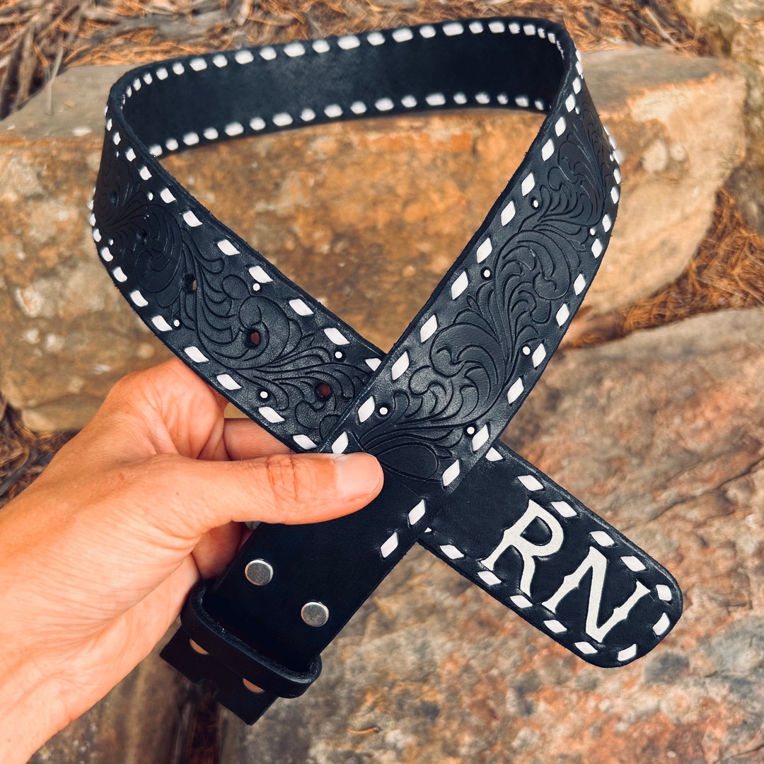 Tooled Western Initials Belt Handmade Leatherwork Buckstitched - Etsy