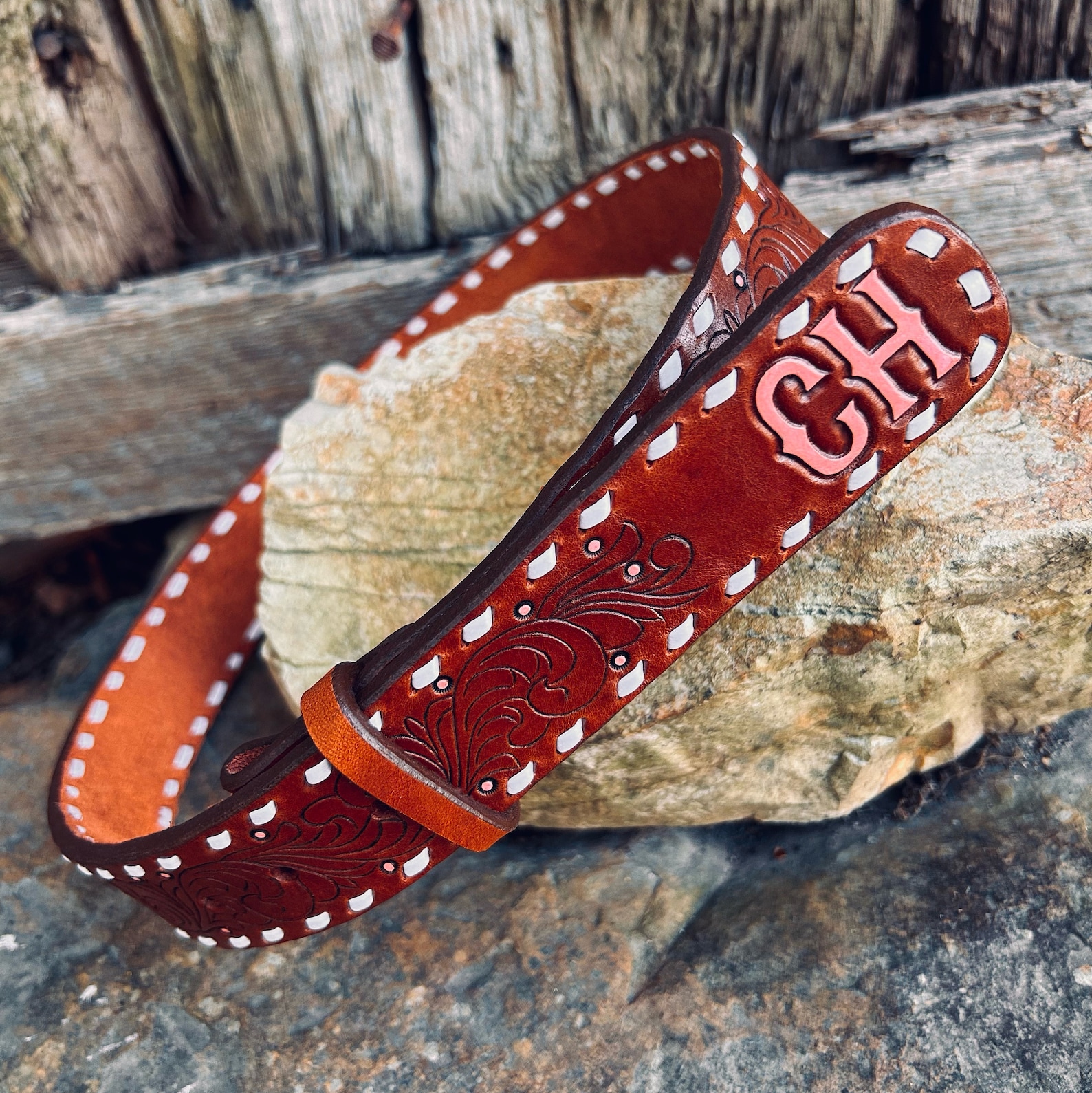 Tooled Western Initials Belt Handmade Leatherwork Buckstitched - Etsy