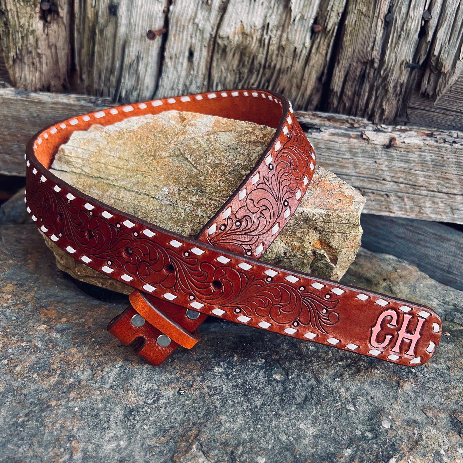 Tooled Western Initials Belt Handmade Leatherwork Buckstitched - Etsy