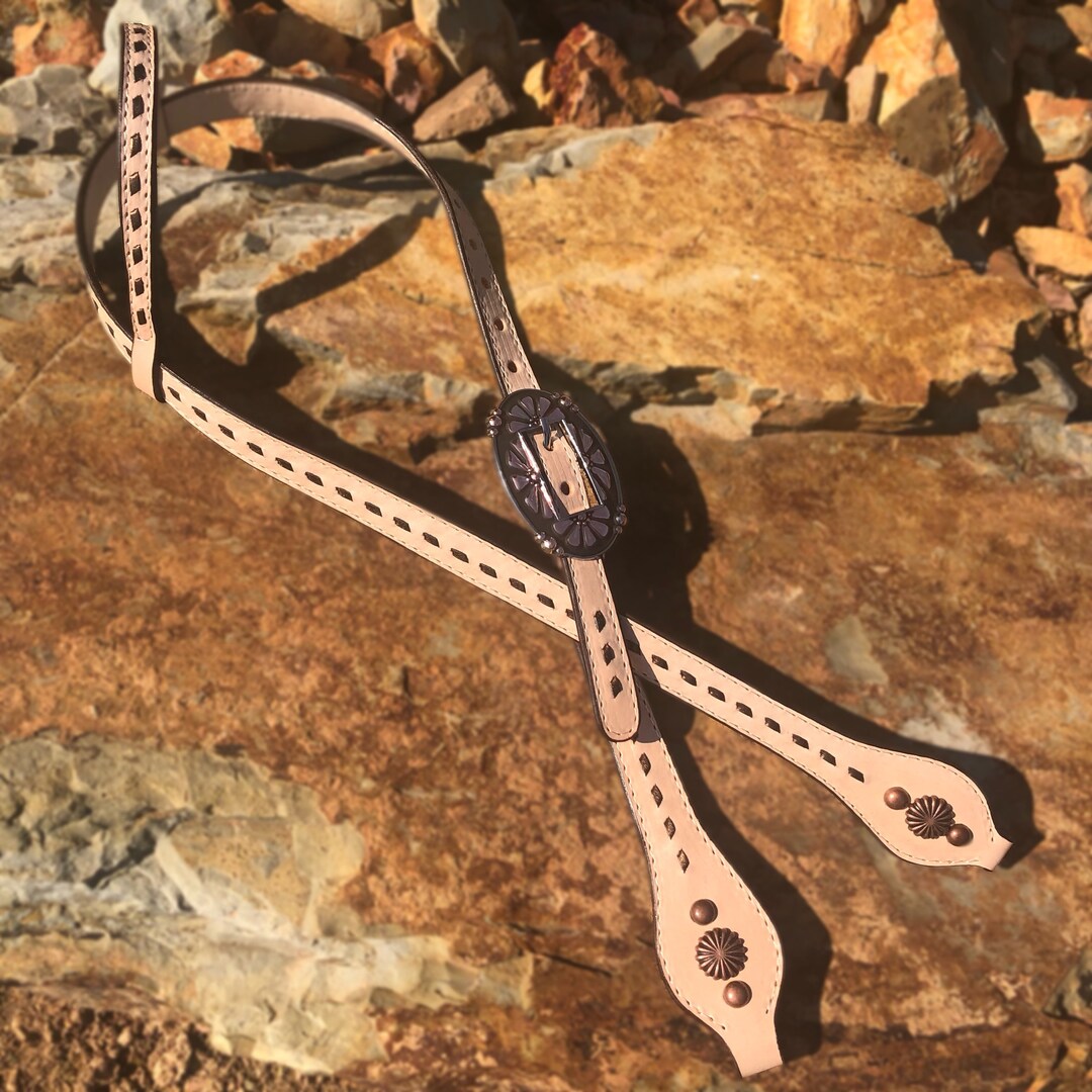 Bronze Buckstitched Sliding Ear Headstall Natural Leather Fancy Buckle ...