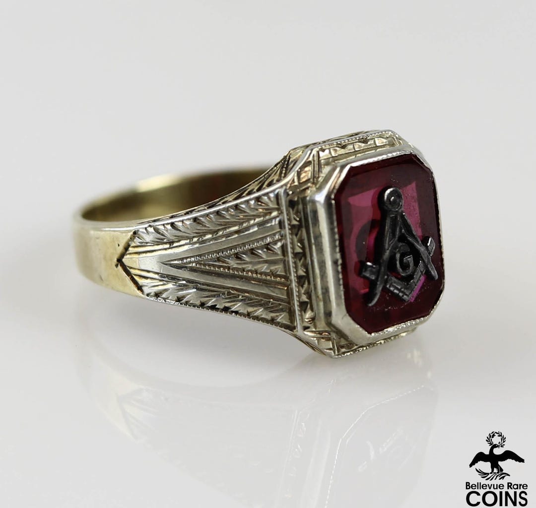 10k White & Yellow Gold Ruby Masonic Square Compass Men's Ring - Etsy