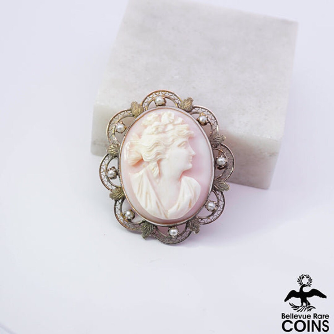 10k Yellow Gold Seed Pearl Carved Pink Carnelian Shell Matron Cameo ...