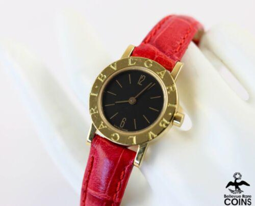Bulgari 18K Yellow Gold Quartz Black Dial Leather Bracelet Ladies Watch ...