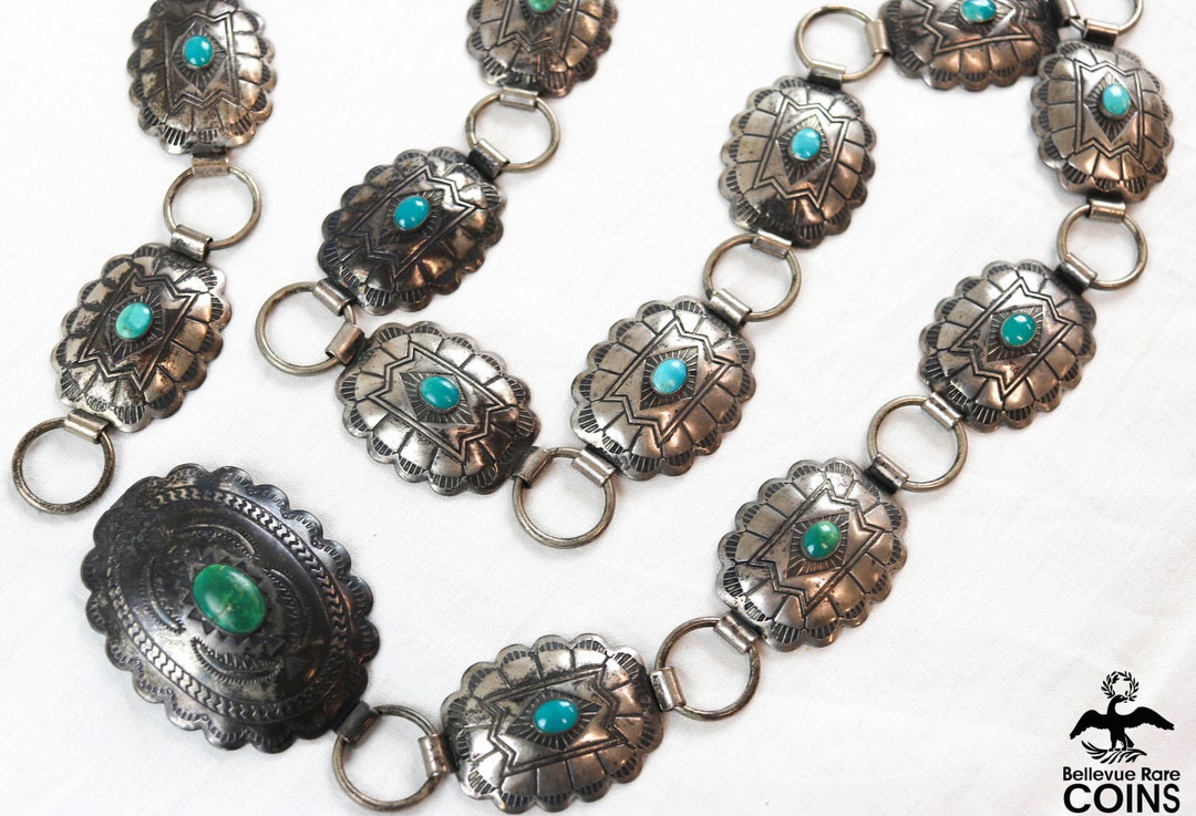 Vintage Native Sterling Silver & Turquoise Etched Diamond Pattern Belt ...
