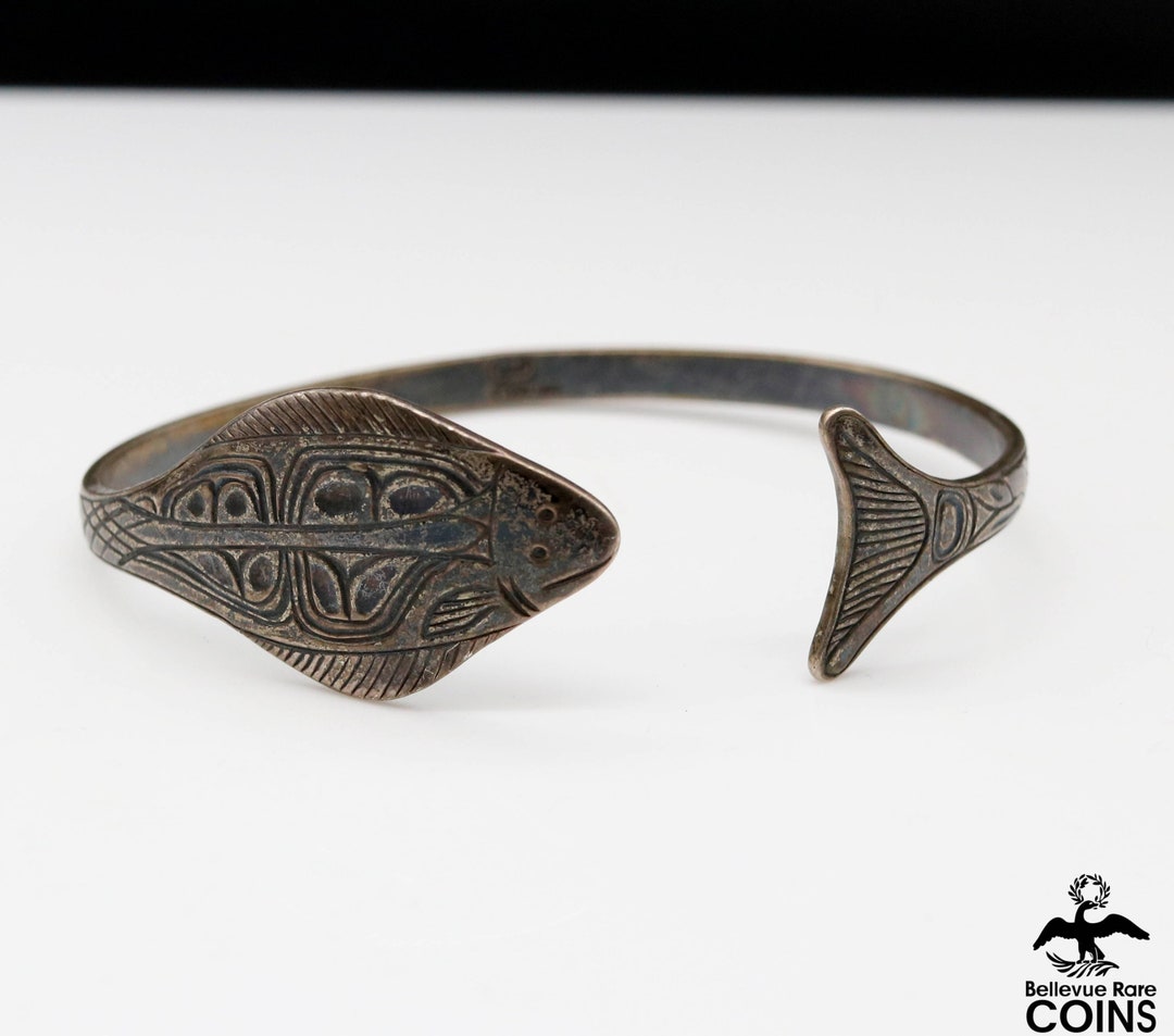 Vintage Native Etched Sterling Silver Fish Cuff Bracelet Signed Metal ...