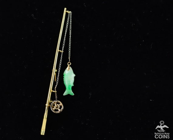 14k Yellow Gold 3D Vintage Fishing Rod w/ Chain & Jad… - Gem