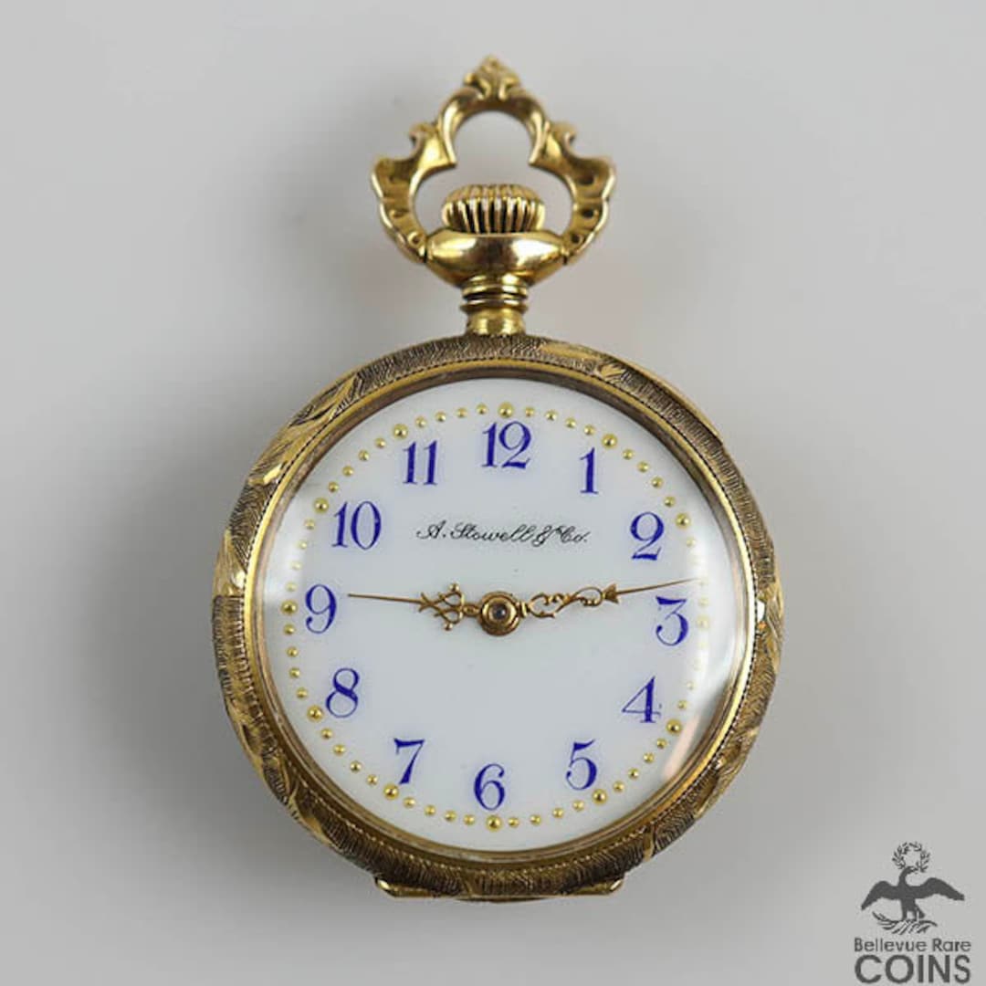 Vintage A. Stowell & Co. 14k Yellow Gold Floral Open Face Pocket Watch ...