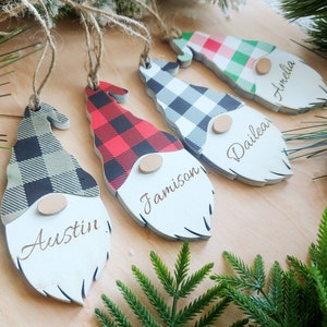 Personalized Christmas Wooden Gnome Ornament, Gift Tag, Plaid Gnome ...
