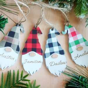 Personalized Christmas Wooden Gnome Ornament, Gift Tag, Plaid Gnome ...