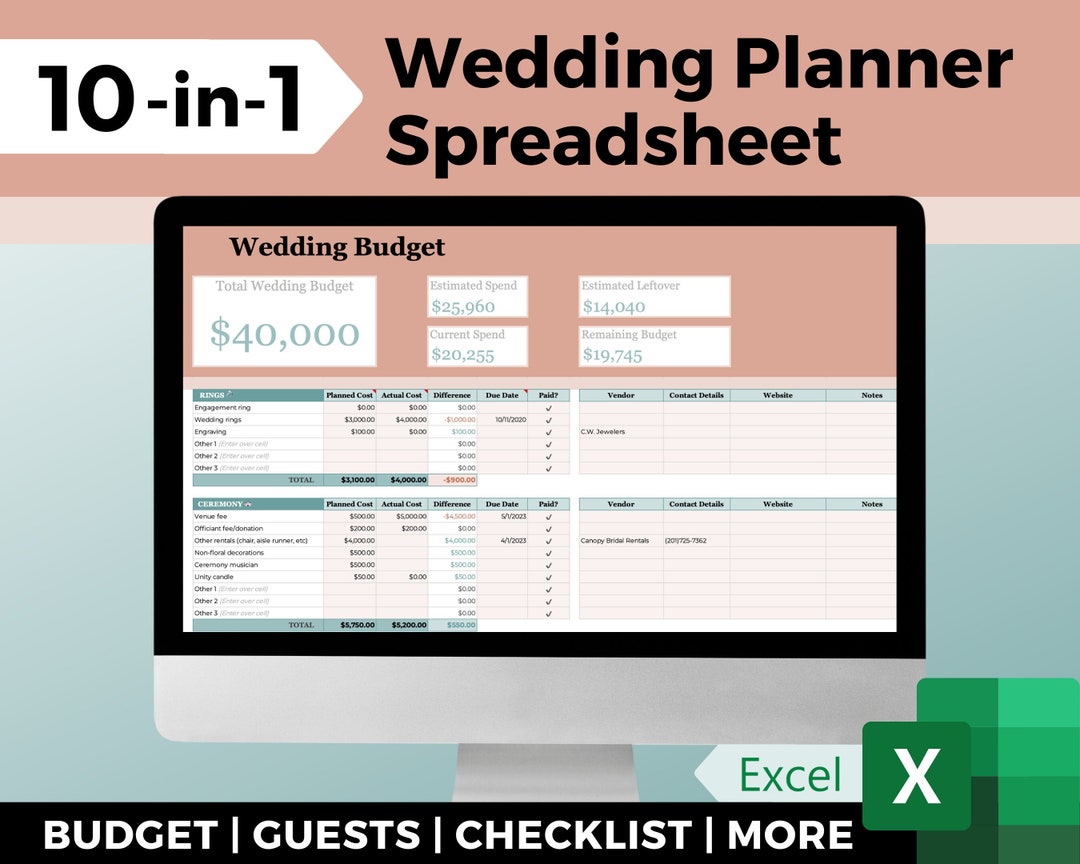 10-in-1 Excel Wedding Planner & Checklist, Wedding Budget Spreadsheet ...