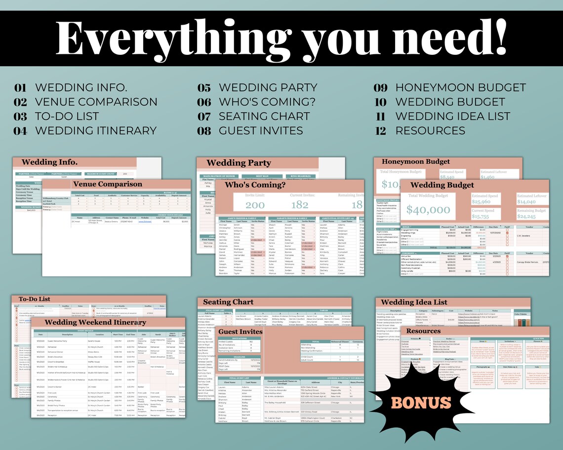 10-in-1 Excel Wedding Planner & Checklist, Wedding Budget Spreadsheet ...