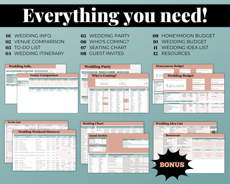 10-in-1 Excel Wedding Planner & Checklist, Wedding Budget Spreadsheet ...