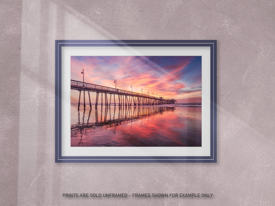 Photography Art Print, Pier, Sunset, Reflection, Purple Orange Clouds ...