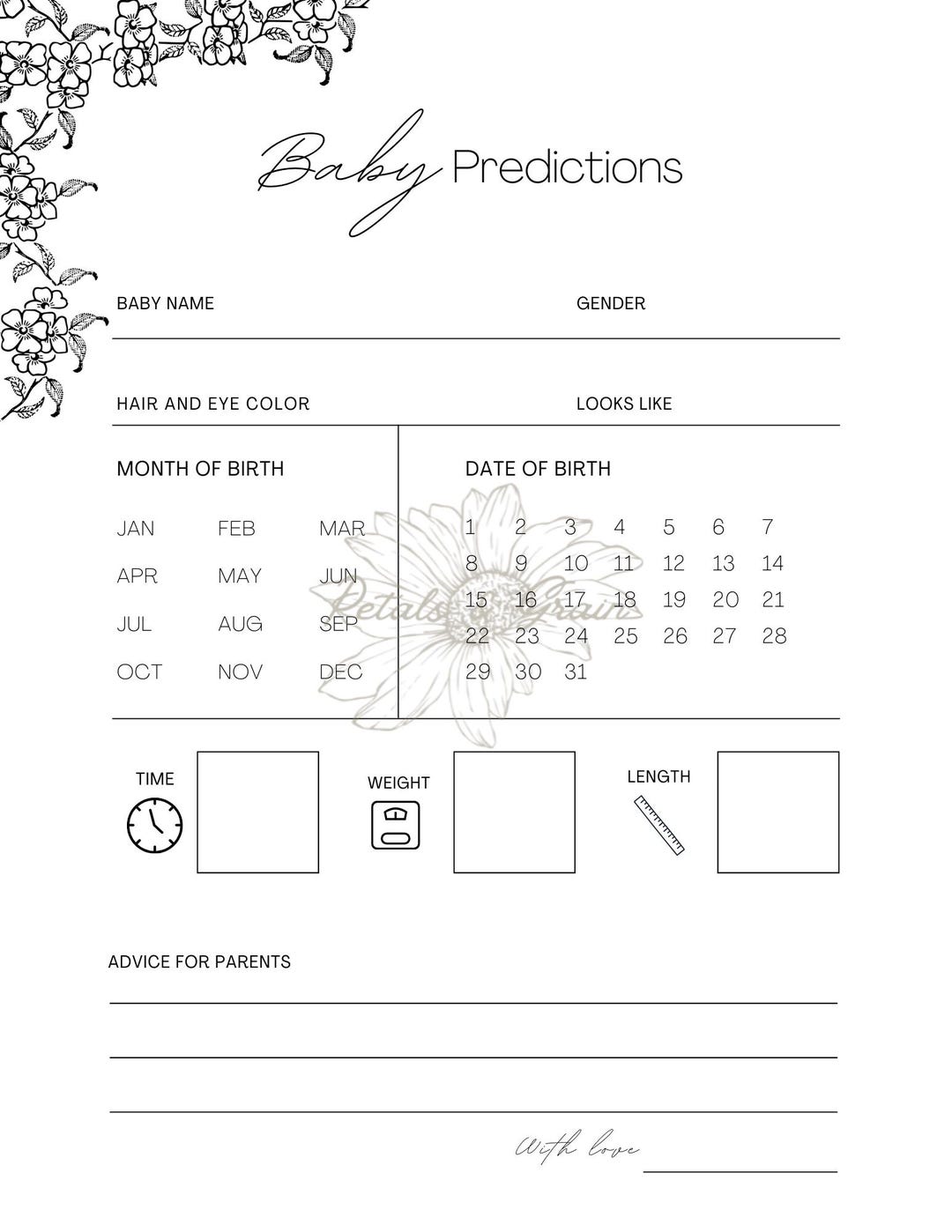 Baby Prediction Activity Game Worksheet Baby Shower Instant Download - Etsy