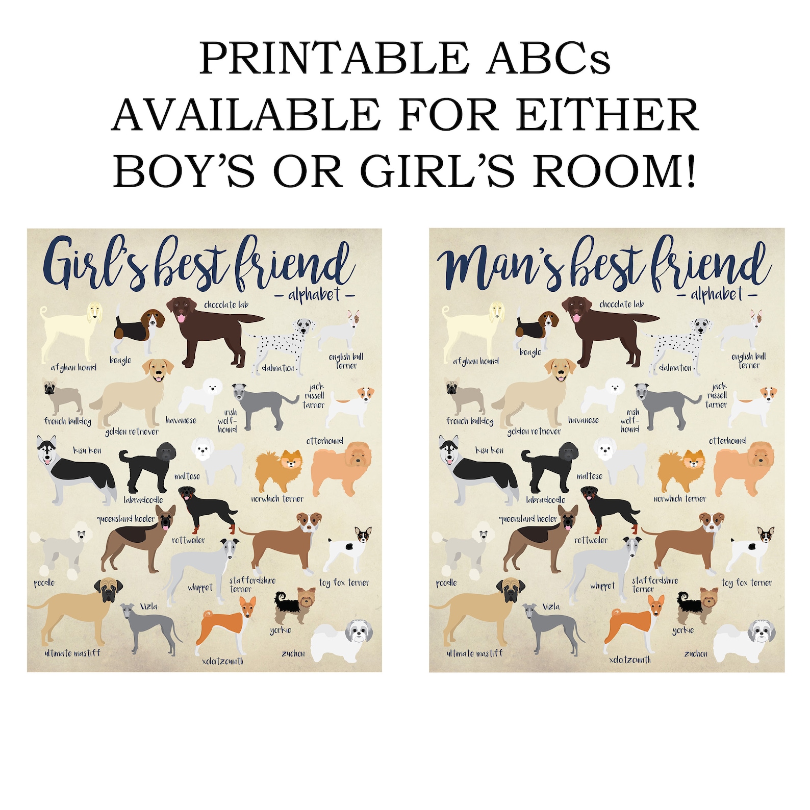 Printable ABC Dog Breeds, Alphabet Dogs, Nursery Prints, Toddler Room ...