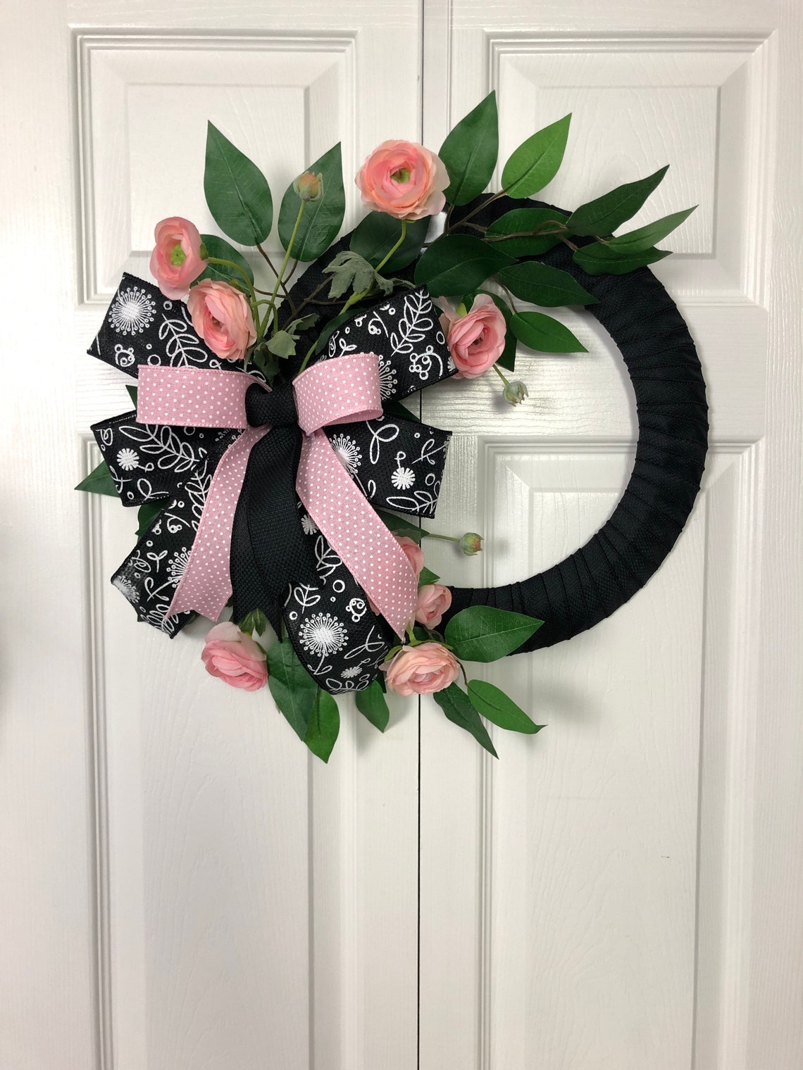 Black and Pink Wreath Thin Front Door Wreath Spring Wreath | Etsy