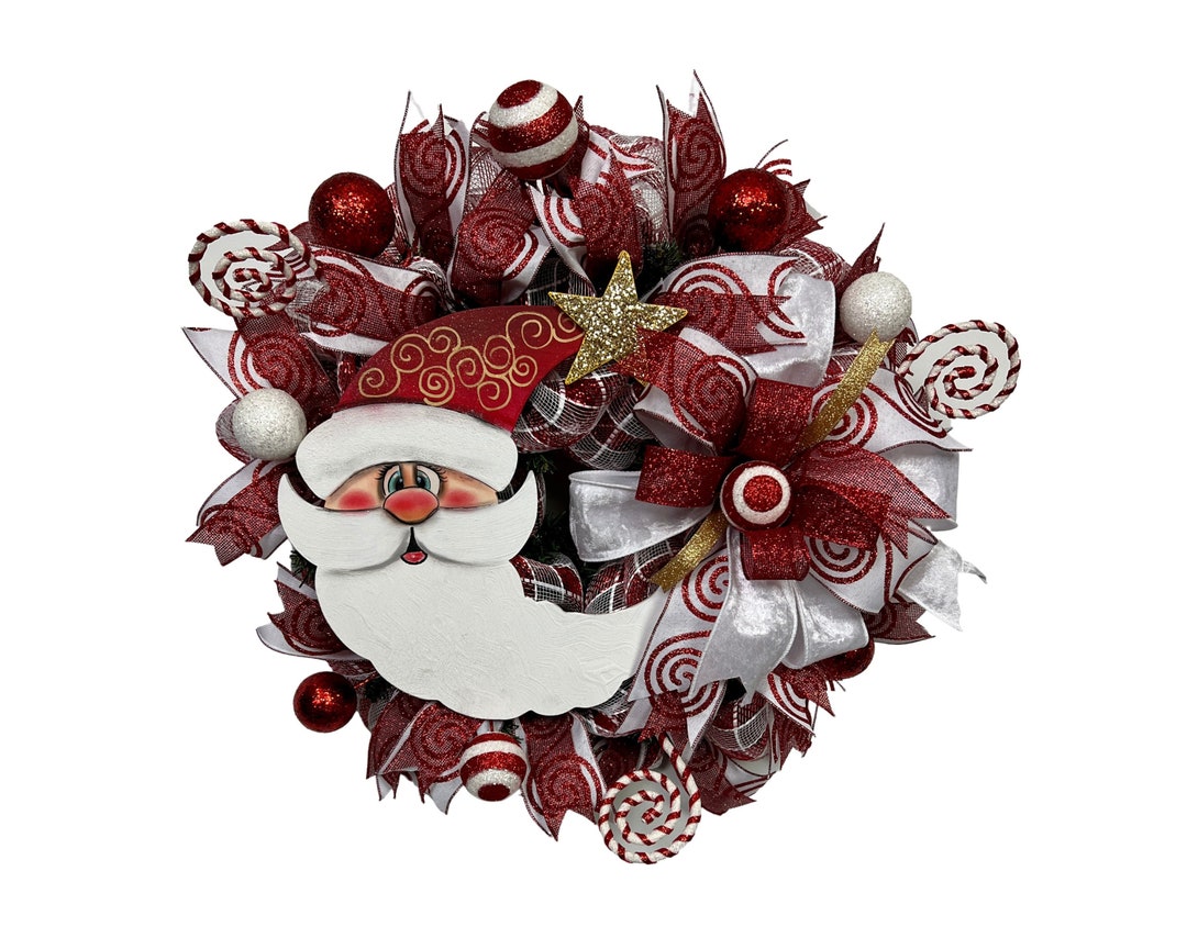 Whimsical Santa, Crescent Santa Front Door Wreath, Red and White Santa ...