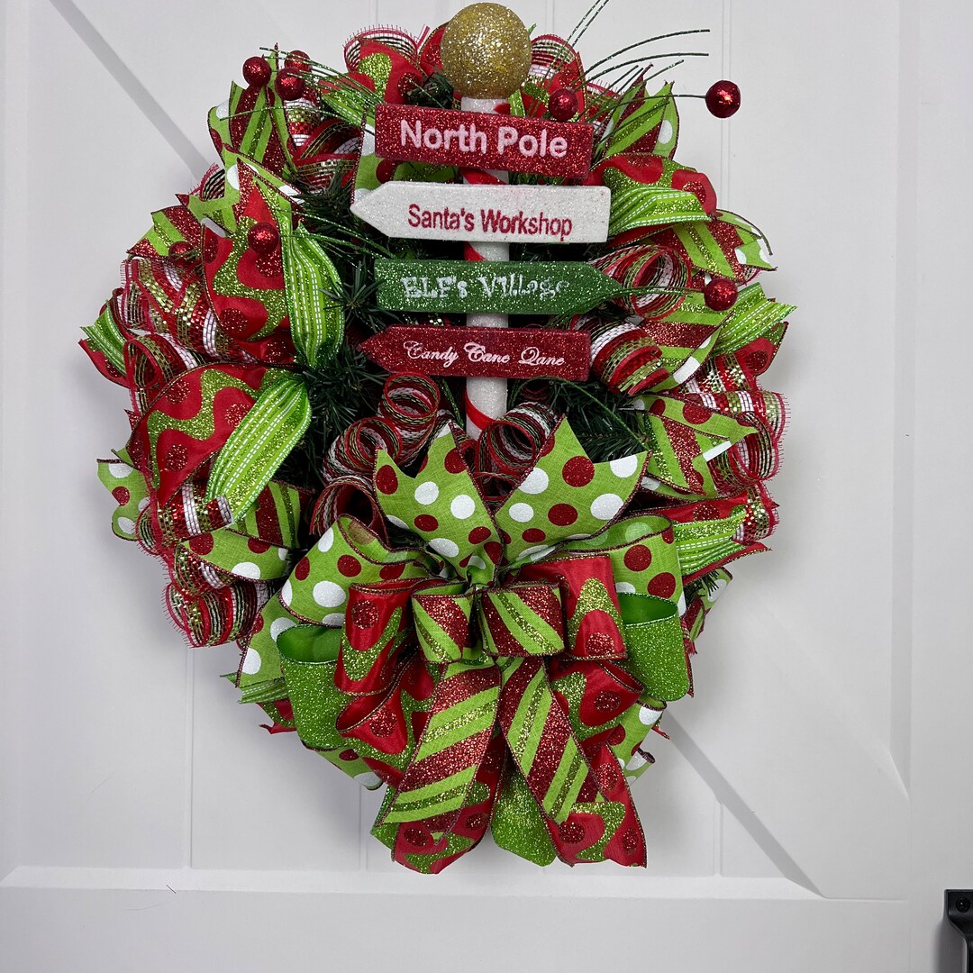 Santa Workshop Ribbon Wreath, Whimsical North Pole Wreath, Red and Lime ...