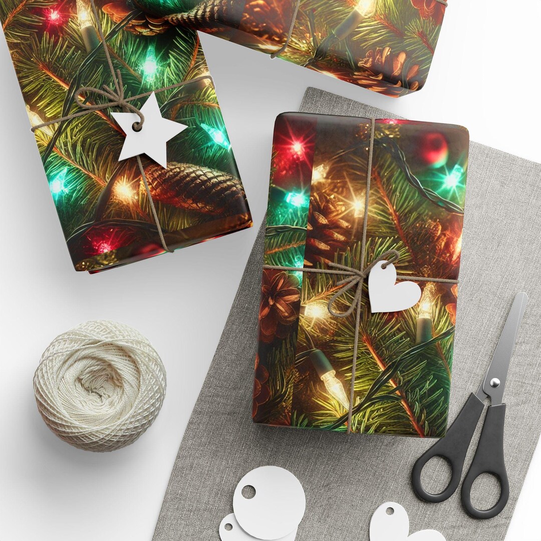 Christmas Wrapping Papers, Pine Cones, Lights, Pine Tree Sprigs Gift ...