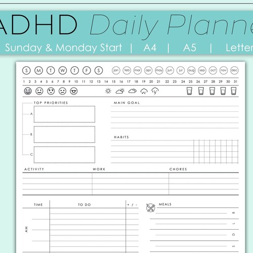 Daily Planner Printable Pdf Adhd Planner Adult Pdf Hourly - Etsy