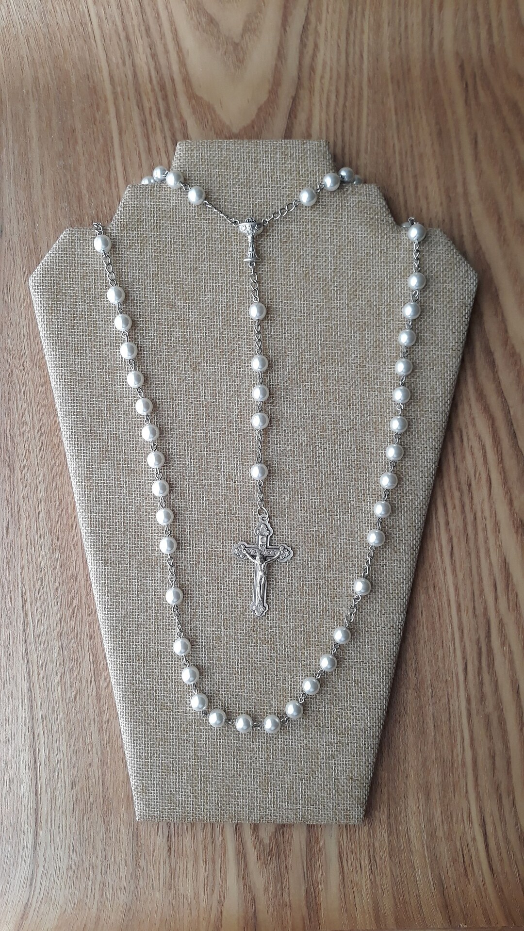 First Holy Communion Rosary With Chalice Centerpiece, Pearl Colored Beads and Detailed Crucifix ...