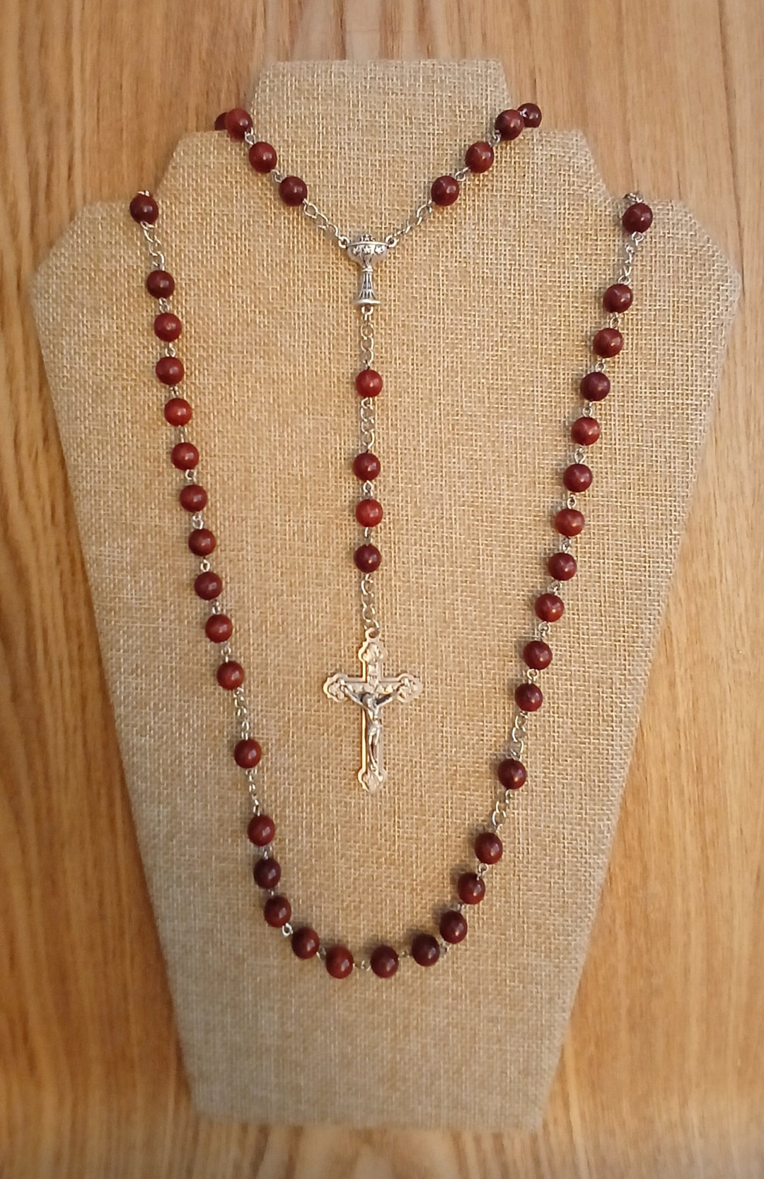 First Holy Communion Rosary With Polished Wood Beads, Detailed Chalice ...