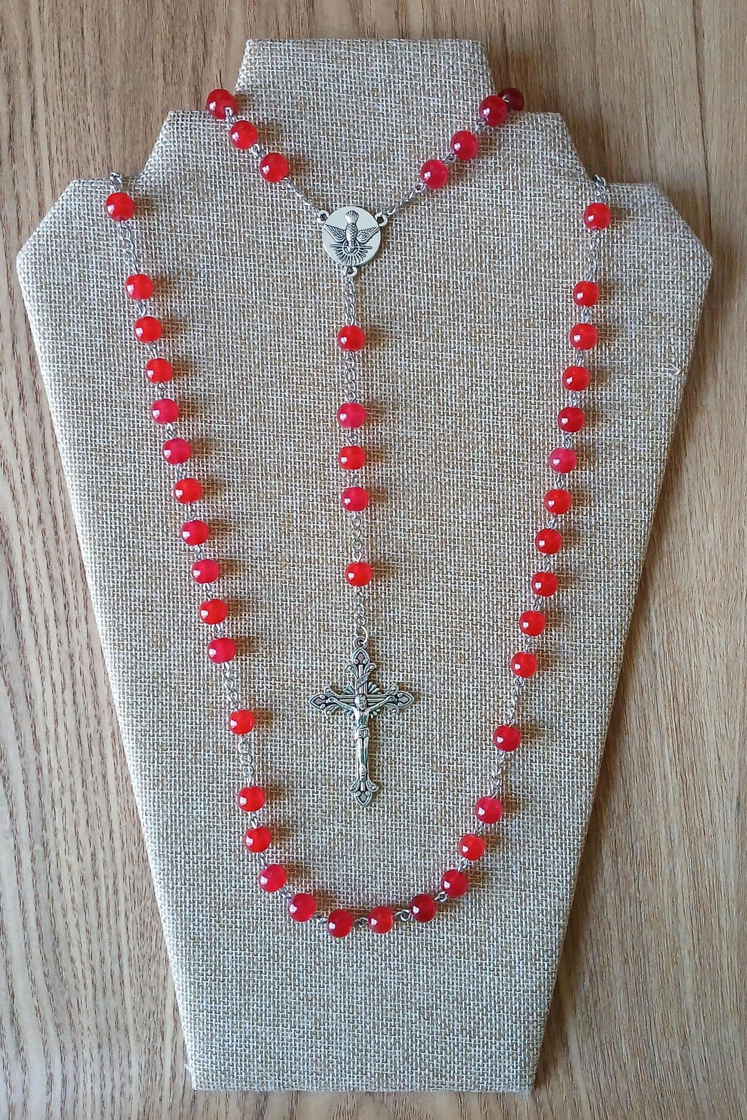 Confirmation Rosary With Red Glass Beads, Holy Spirit Image Centerpiece ...
