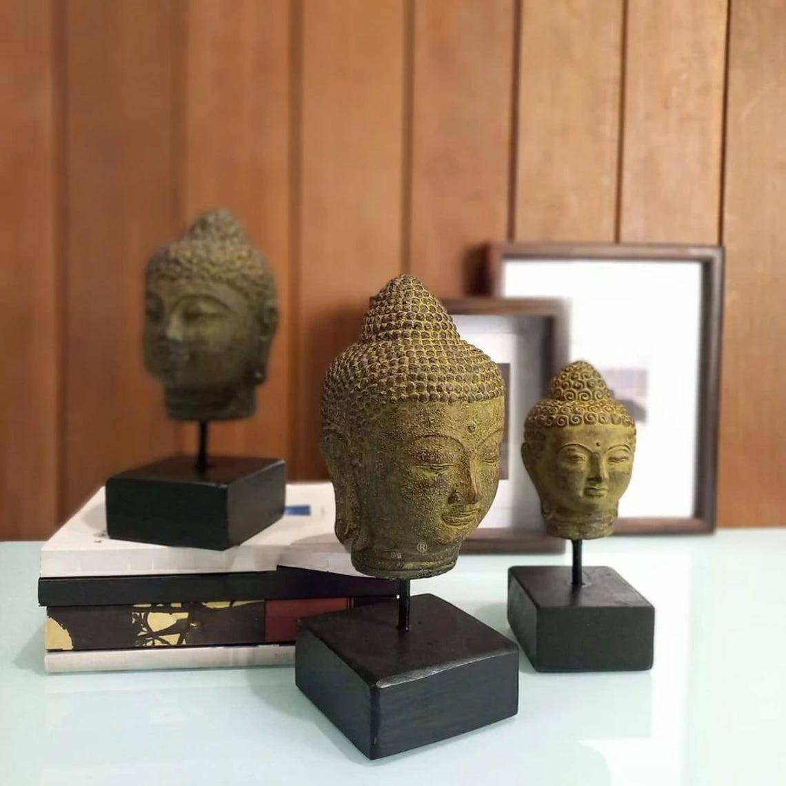 Buddha Head Stone Statue – Antique Gray Finish – Medium Zen Decor on ...