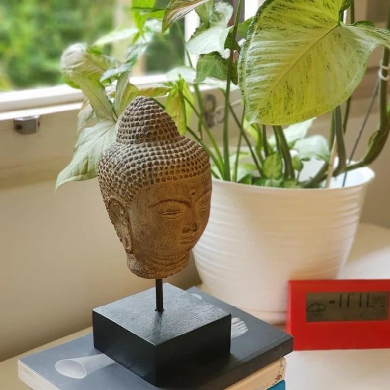 Buddha Head Stone Statue – Antique Gray Finish – Medium Zen Decor on ...