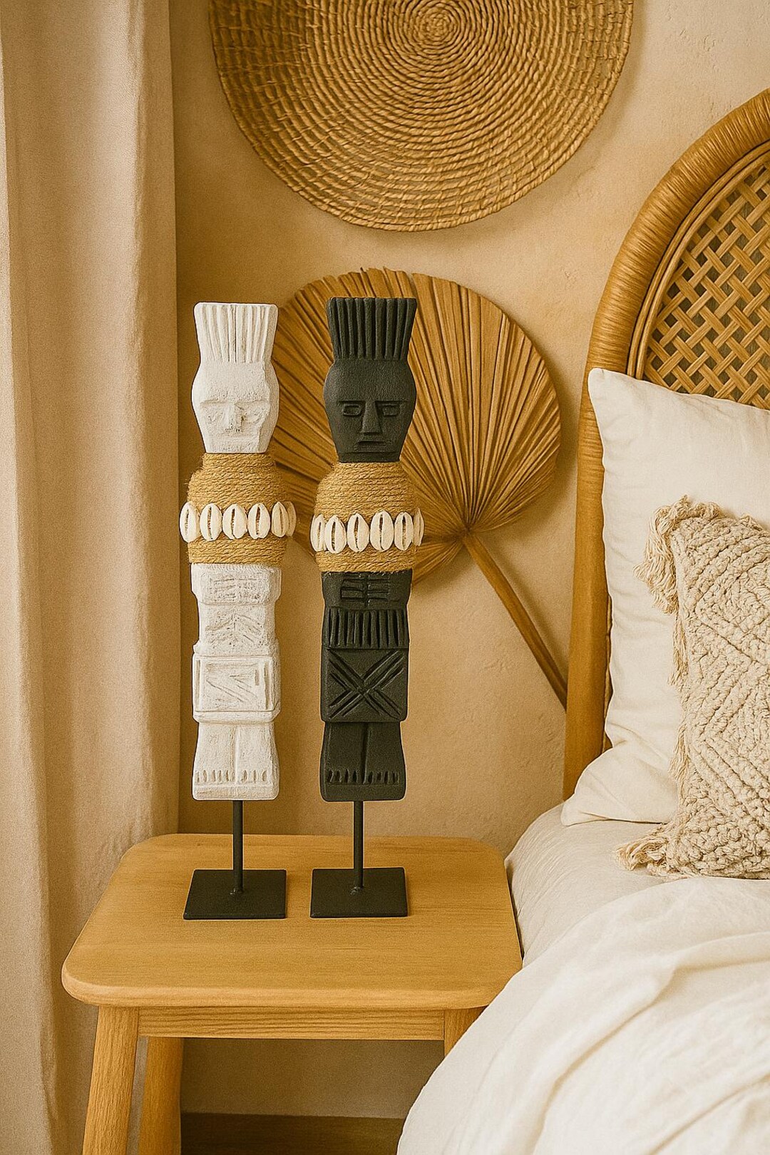 Set of Tribal Statues – Hand Carved Black & White Shell Decor – Boho ...