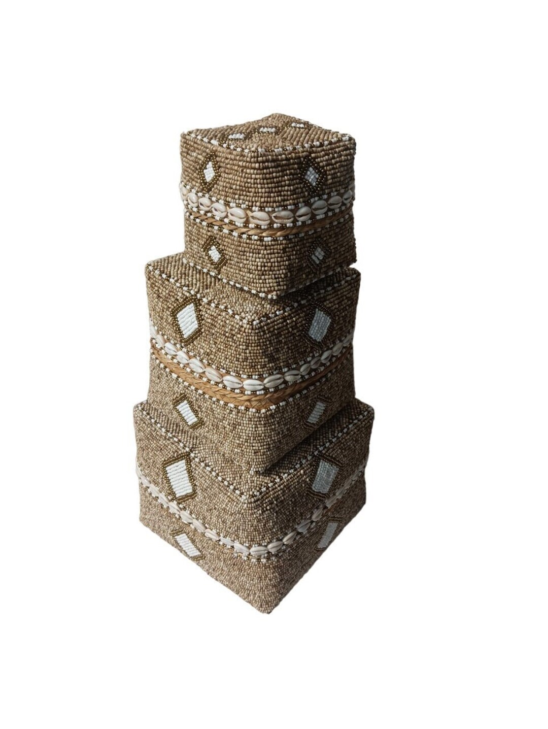 SET OF 3 Balinese Stacking Boxes. Decorative Box With Beads and Shells ...