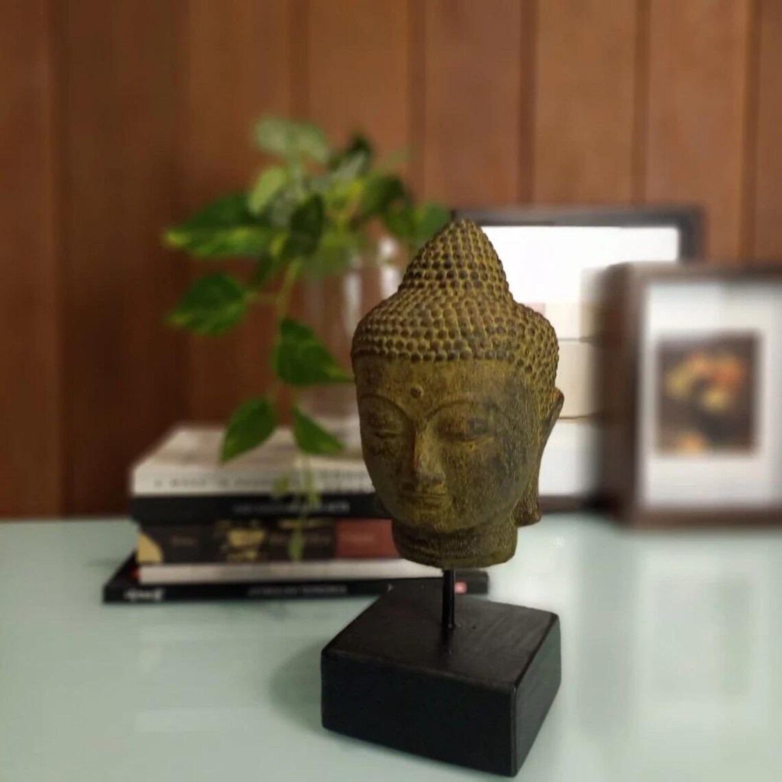 Buddha Head Stone Statue – Antique Gray Finish – Medium Zen Decor on ...