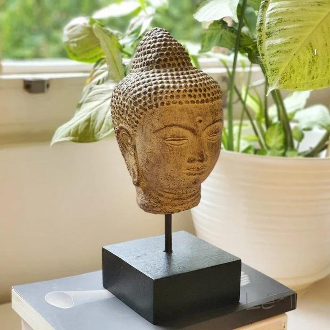 Buddha Head Stone Statue – Antique Gray Finish – Medium Zen Decor on ...