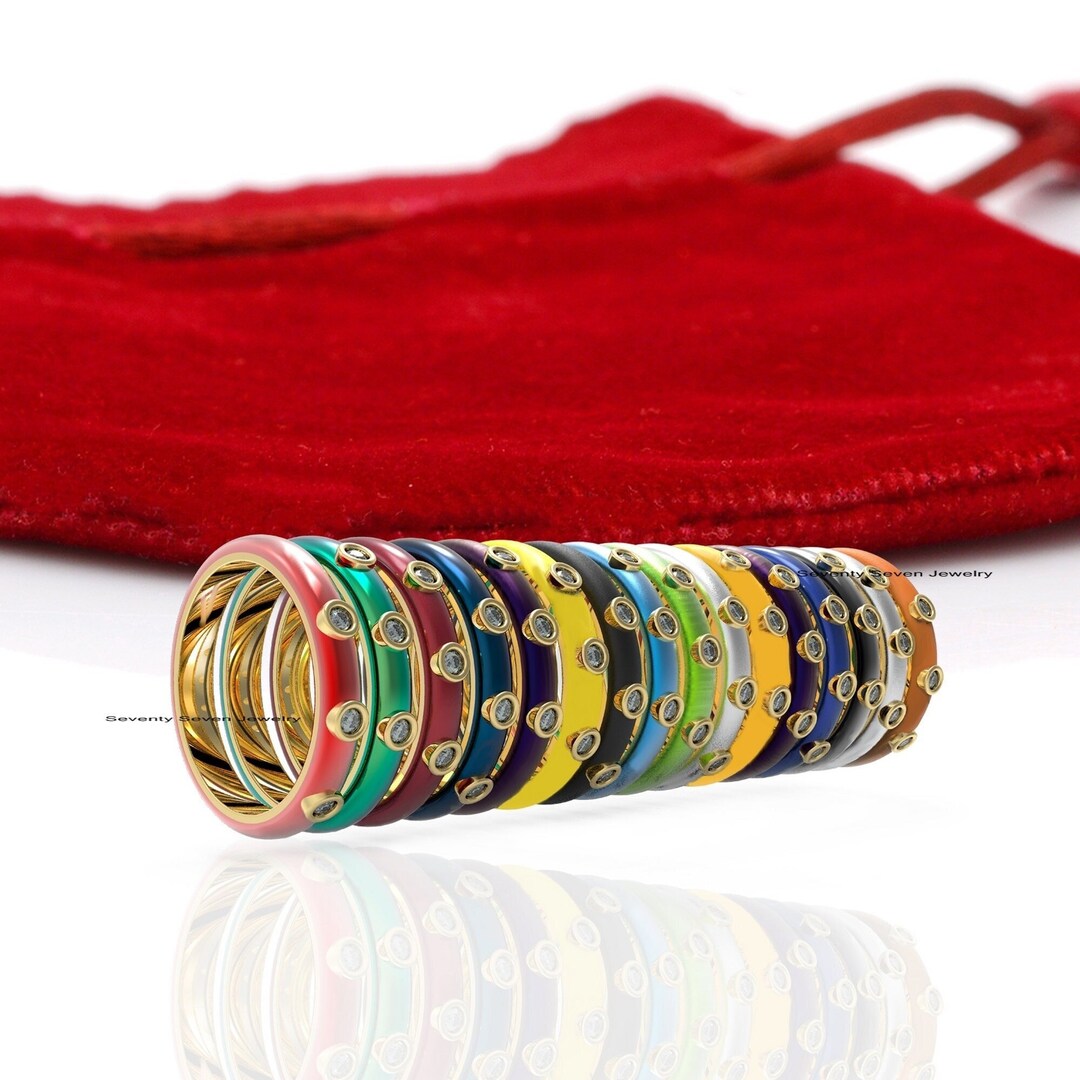 925 Silver Multi Color Enamel Band Rings, Colorful Enamel Rings, Multi ...