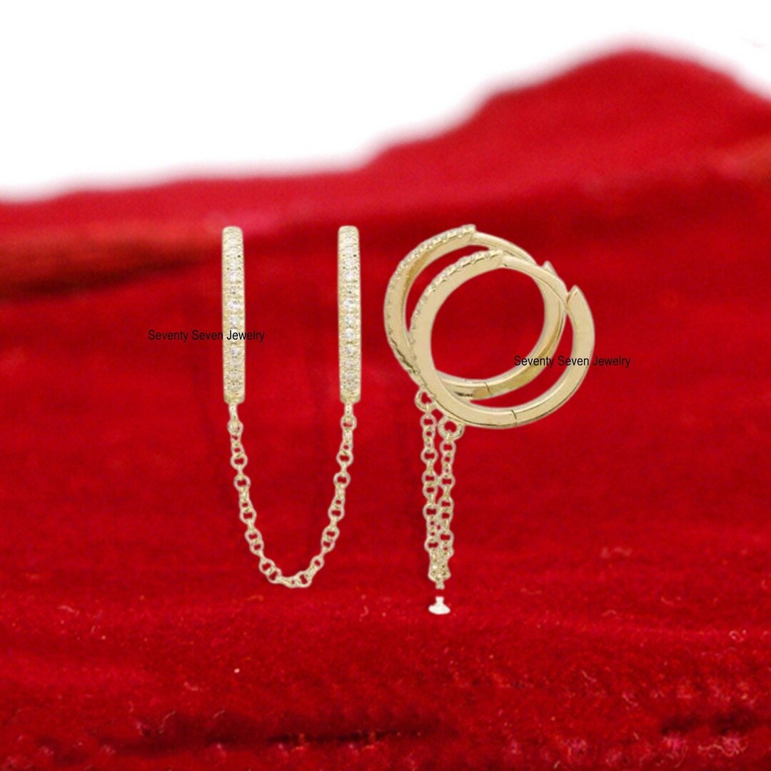 Solid 14K Gold Hoop Chain Huggies, Moissanite Chain Hoop Huggies, Chain ...